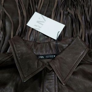 Zara | Jackets & Coats | Zara Chocolate Brown Fringe Leather Overshirt ...
